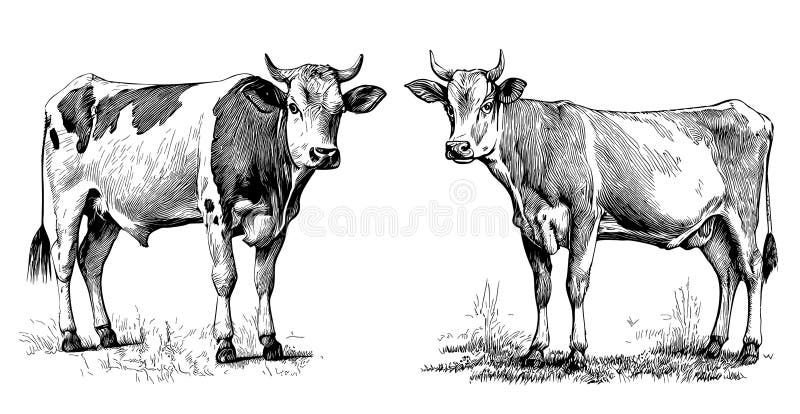 Cows Two Sketch Hand Drawn in Doodle Style Vector Illustration Stock ...