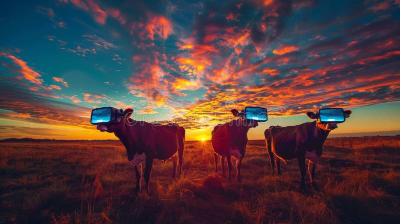 Cows with Virtual Reality Headsets at Sunset Stock Image - Image of ...