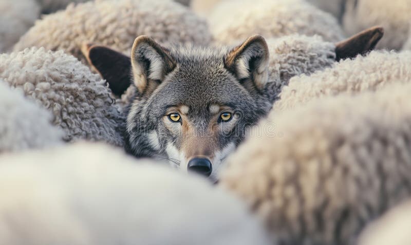 Coyote Camouflaged among Sheep in a Pastoral Setting Showcasing Nature ...