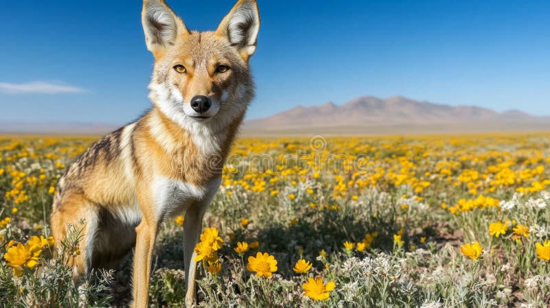 Coyote in a Field of Yellow Desert Flowers Stock Illustration ...
