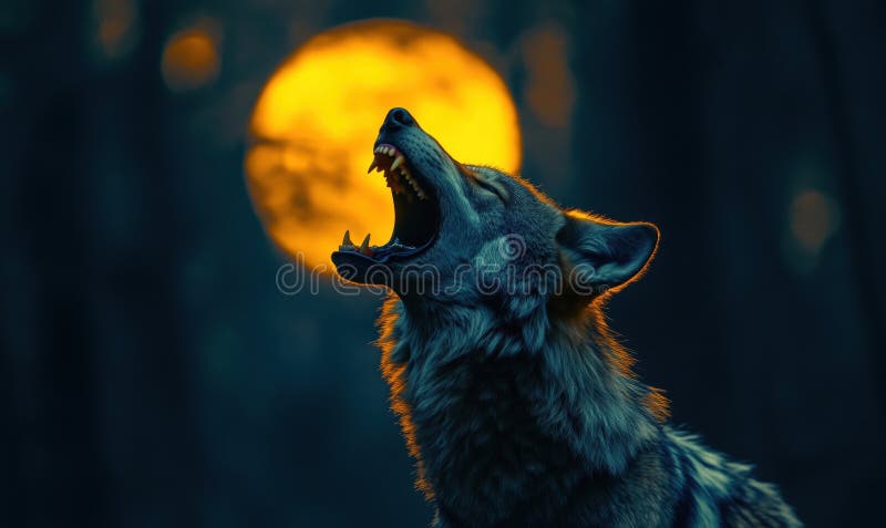 Coyote Howling at Full Moon in Dark Forest Setting with Dramatic ...
