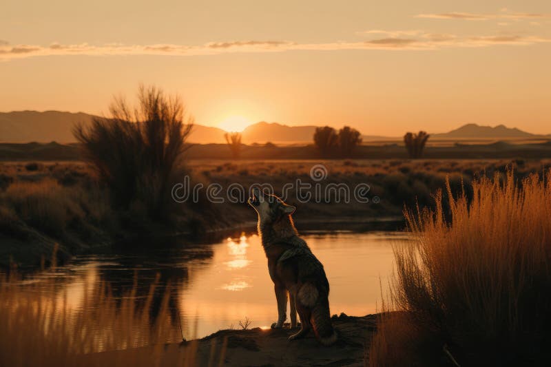 A Coyote Howling Near a River at Sunset. Generative AI Stock ...