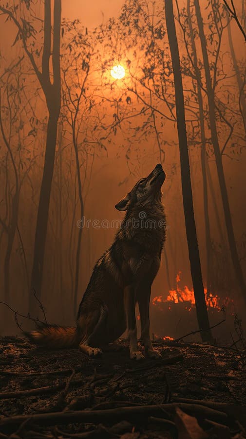 A Coyote Howling Under a Smoky, Ember-filled Sky during the Wildfire ...