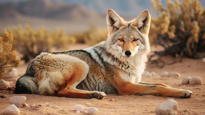Coyote Lying in the Desert. Wildlife Image of a Coyote Lying in the Sun ...
