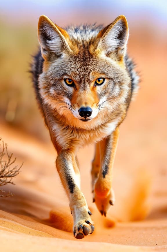 A Coyote Running in the Desert with Yellow Eyes Stock Photo - Image of ...