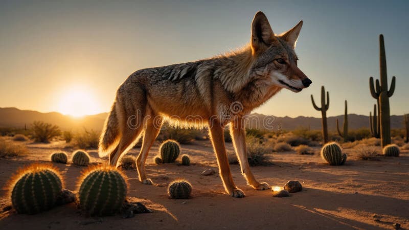 Majestic Coyote at Sunset in the Sonoran Desert Stock Illustration ...