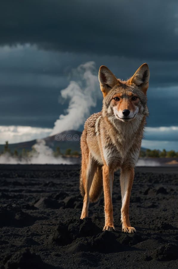 Majestic Coyote Standing on Black Sand Against Dramatic Sky Stock ...
