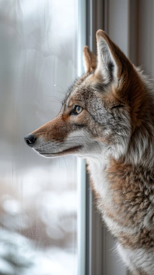 Coyote Staring Outside through the Window in Winter Stock Image - Image ...