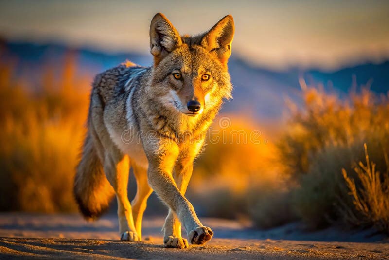 Coyote Strolls Desert Sunset Stock Illustration - Illustration of ...