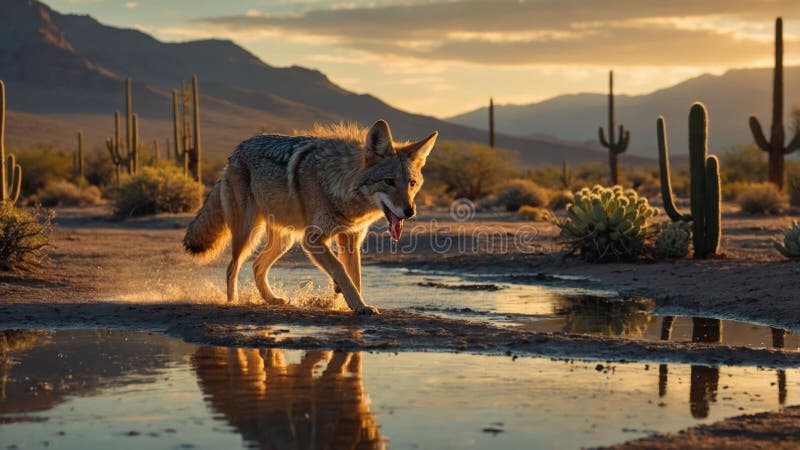 Golden Hour Coyote in Desert Landscape Stock Illustration ...