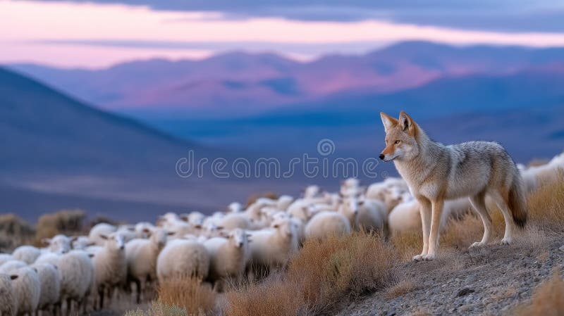 Coyote Watching Over Flock of Sheep at Dusk in Mountainous Landscape ...