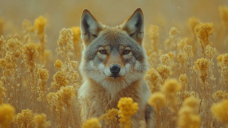 Coyotes in Yellow Wildflowers Stock Illustration - Illustration of ...