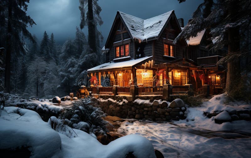 The Coziness of a Snowy Wilderness Rustic Cabin. Stock Illustration ...