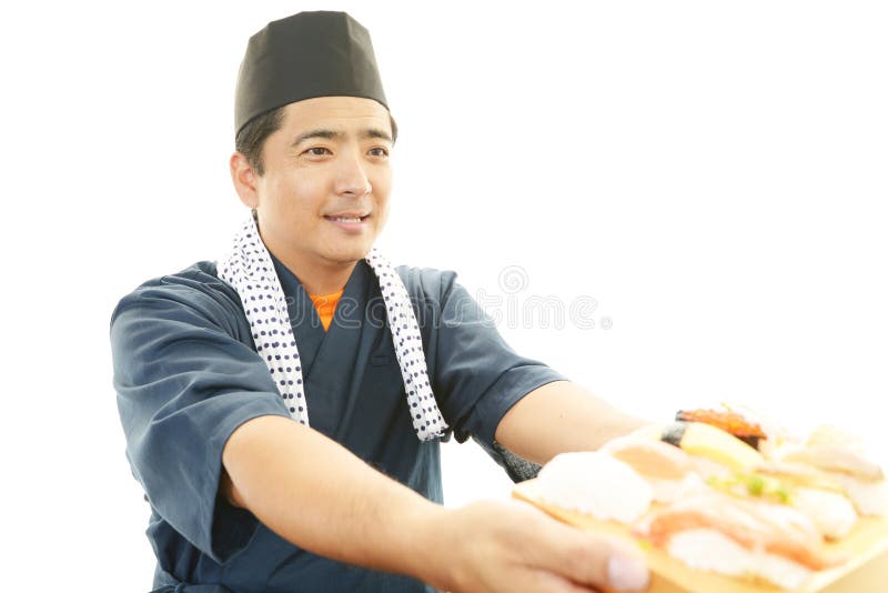 Cozinheiro Chefe Japonês Com Uma Placa Do Sushi Imagem de Stock ...