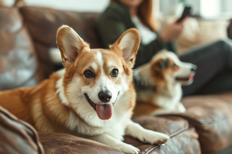 Cozy Afternoon with Happy Corgis and Owner Relaxing on Sofa Stock Photo ...