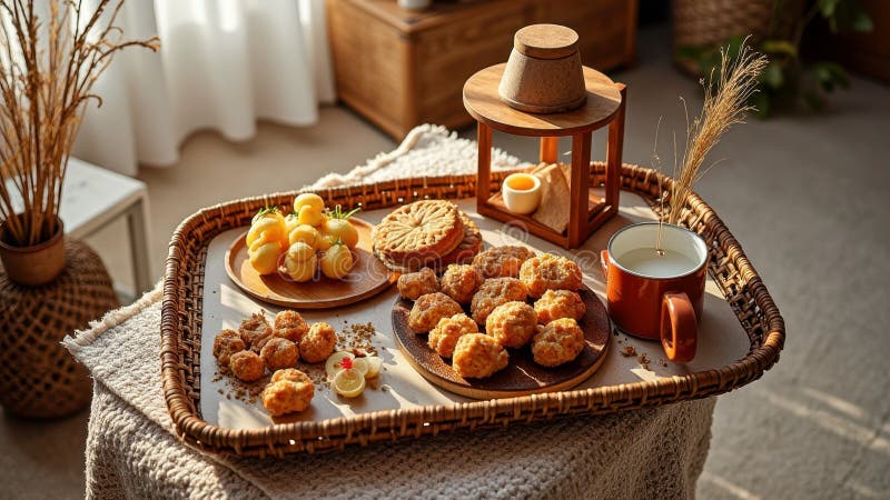 Cozy Afternoon Tea Setting with Biscuits, Snacks, and Warm Lighting in ...