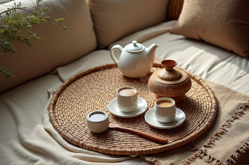 Cozy Afternoon Tea Setup with Ceramic Teapot and Wicker Tray on Sofa ...
