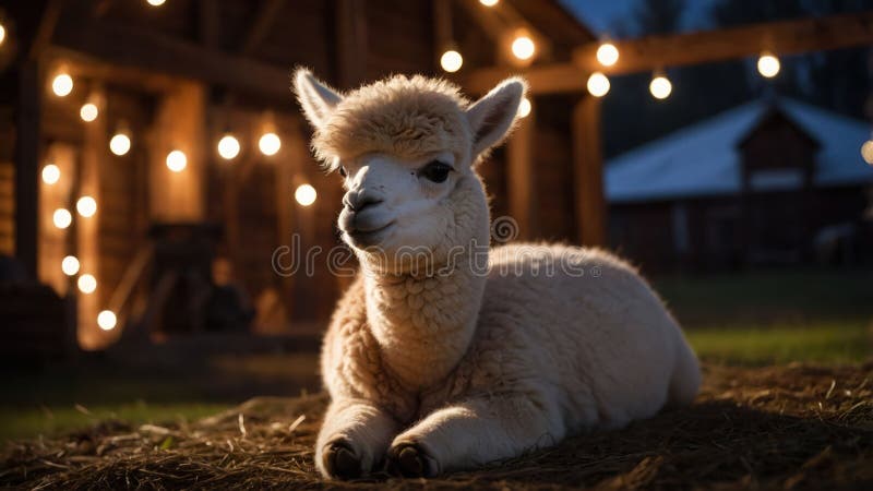 Adorable Baby Alpaca at Night, Resting on Hay Stock Illustration ...