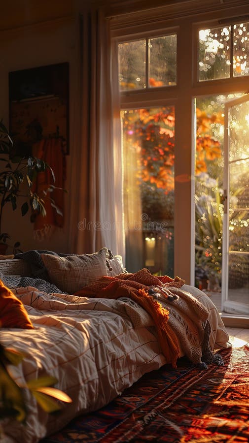 Cozy American Bedroom with Sofa and Sunset Lighting through Large ...