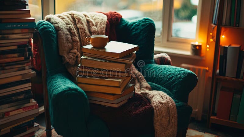 A Cozy Armchair in a Corner with a Stack of Books and a Cup of Tea ...