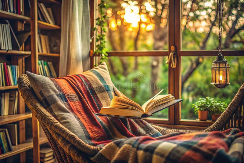 Cozy Armchair with Open Book Near Window at Sunset Stock Illustration ...