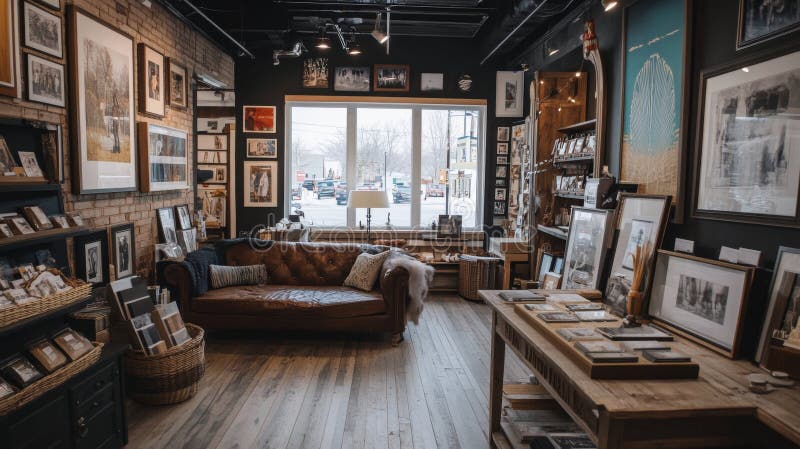 A Cozy Art Gallery Interior with a Leather Sofa and Large Windows Stock ...