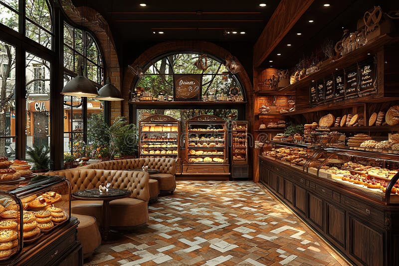 Cozy Artisan Bakery Interior with Soft Lighting and Inviting Seating ...