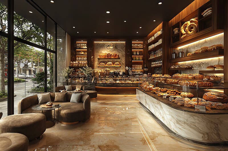 Cozy Artisan Bakery Interior with Soft Lighting and Inviting Seating ...