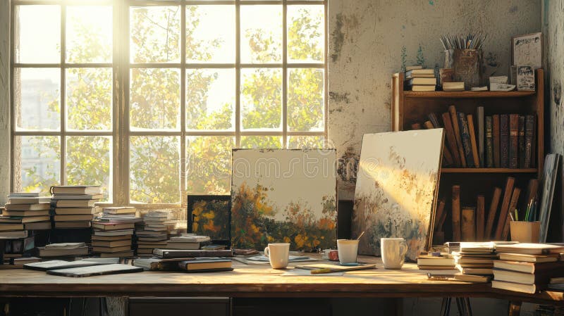 Cozy Artist Studio with Books and Artwork Stock Image - Image of ...