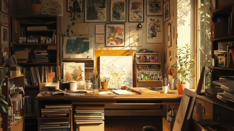 Cozy Artist Studio with Books and Artwork Stock Photo - Image of ...