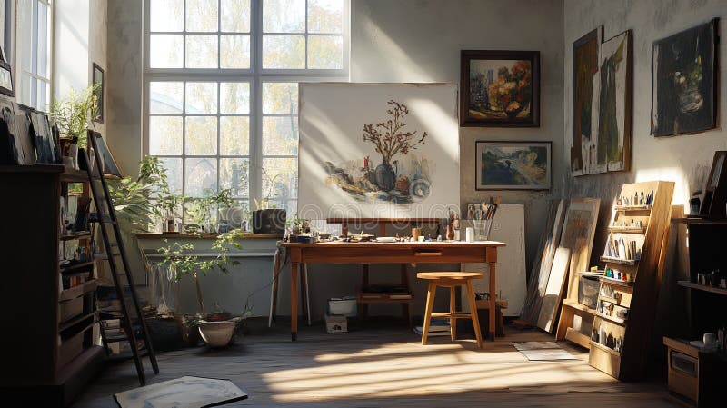 Cozy Artist Studio, Realistic, Cinematic Light, Sharp Focus. Stock ...