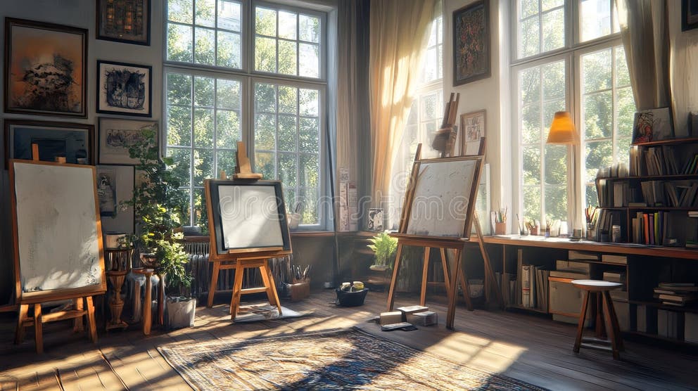 Cozy Artist Studio, Realistic, Cinematic Light, Sharp Focus. Stock ...