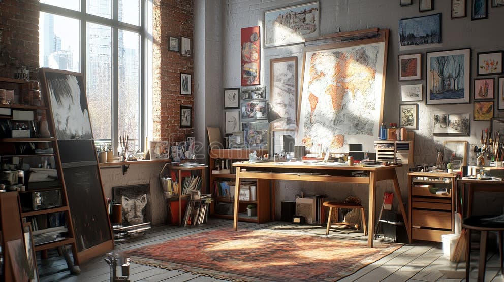 Cozy Artist Studio, Realistic, Cinematic Light, Sharp Focus. Stock ...