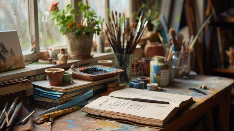 Cozy Artist Workspace with Scattered Art Supplies. Creative Process ...