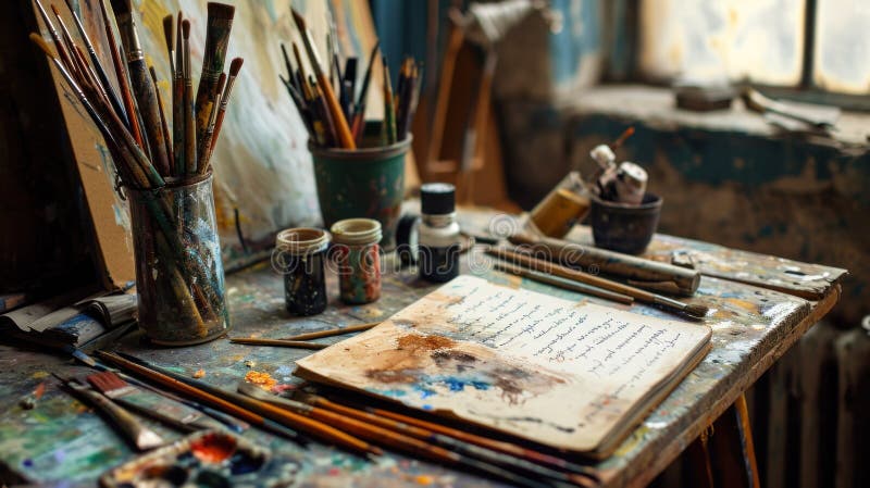 Cozy Artist Workspace with Scattered Art Supplies. Creative Process ...