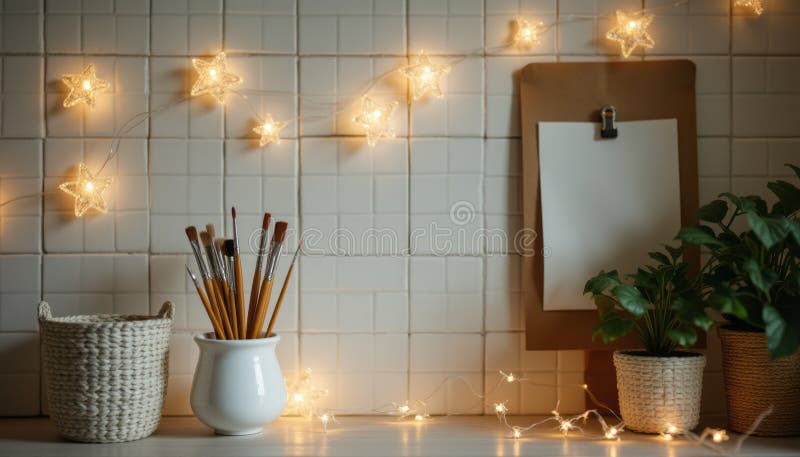 Cozy Artistic Workspace with Twinkling Star Lights Stock Photo - Image ...