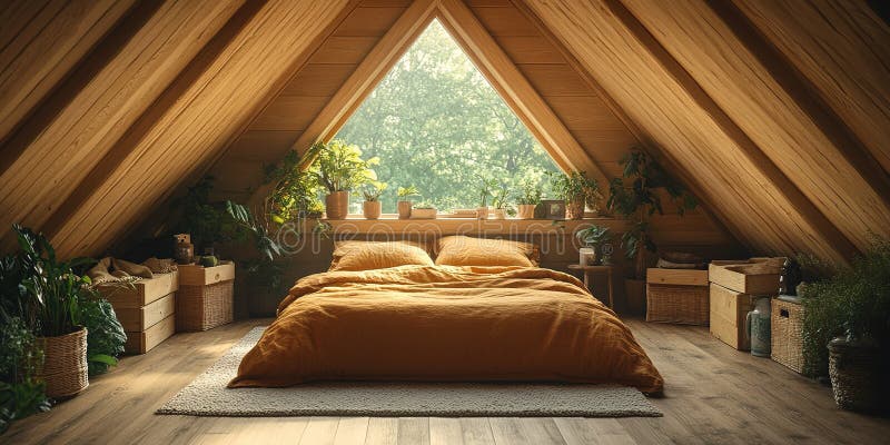 Cozy Attic Bedroom with Large Triangular Windows and Plants in a Serene ...