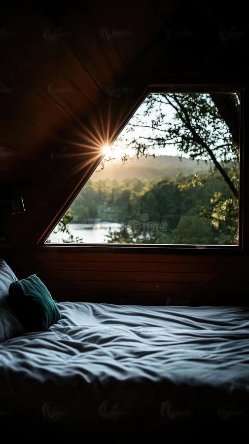 Cozy Attic Bedroom with Triangle Window Overlooking Forest and Lake at ...