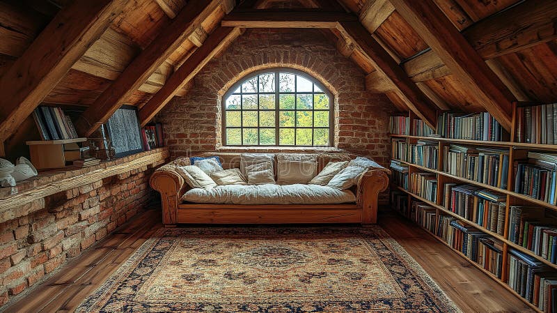 Cozy Attic Reading Nook with Bookshelves, Window, and Sofa Stock ...