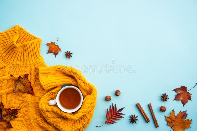 Cozy Autumn Background on Blue Flat Lay. Stock Photo - Image of knitted ...