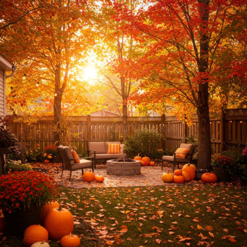 Cozy Autumn Backyard Patio with Pumpkins and Fire Pit Stock ...