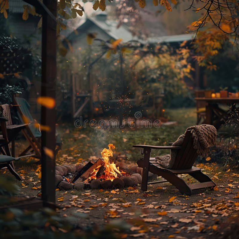 Cozy Autumn Bonfire in Backyard with Chairs Stock Illustration ...