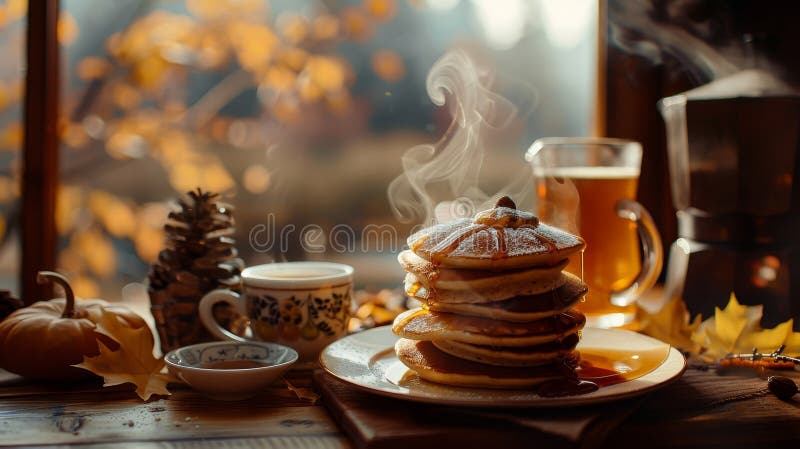 Cozy Autumn Breakfast Fluffy Pancakes, Maple Syrup, Coffee, and Fall ...