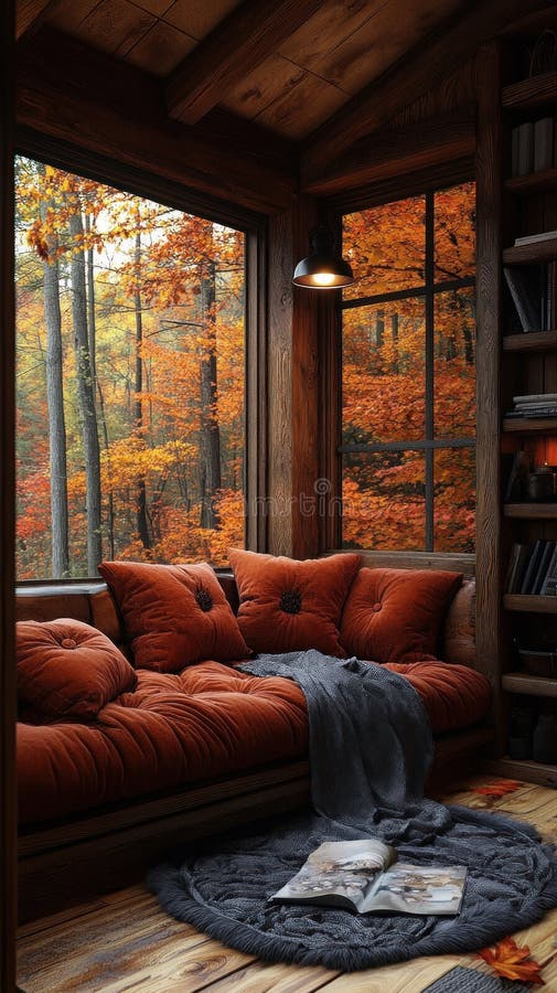 Cozy Autumn Cabin Interior with Window View of Fall Foliage - 3D ...