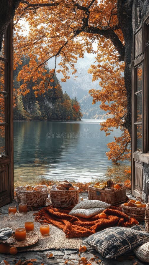 Cozy Autumn Cabin View with Lake and Mountains Illustration Stock ...