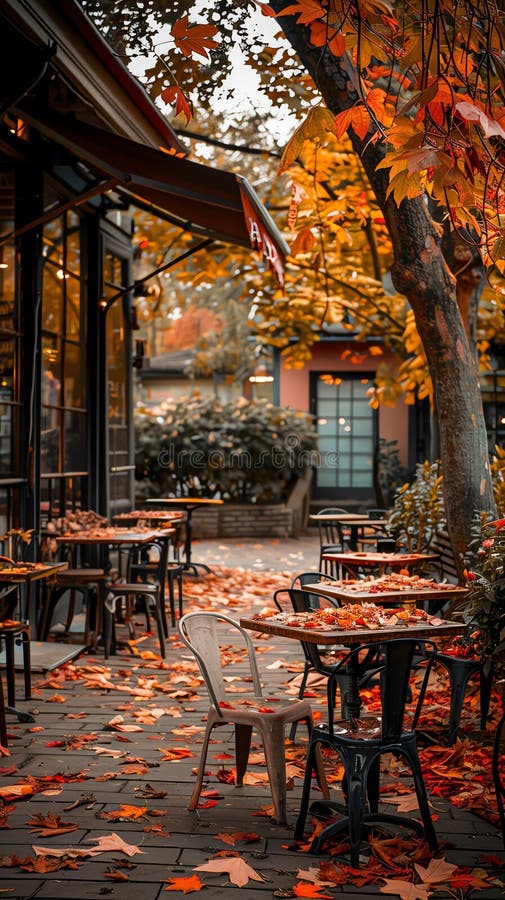 Cozy Autumn Cafe. Empty Tables Beneath Colorful Foliage Stock Photo ...