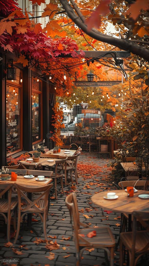 Cozy Autumn Cafe. Outdoor Seating Adorned with Fall Foliage and String ...