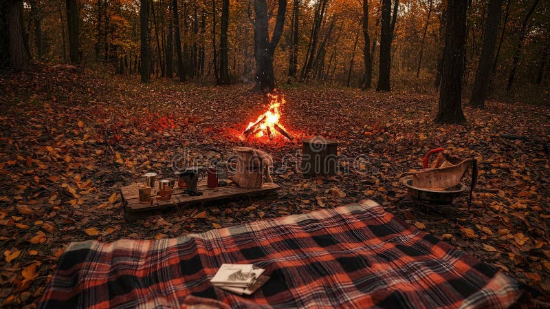 Cozy Autumn Campfire Scene in Forest with Blanket, Coffee Set, and Firewood Stock Image - Image ...