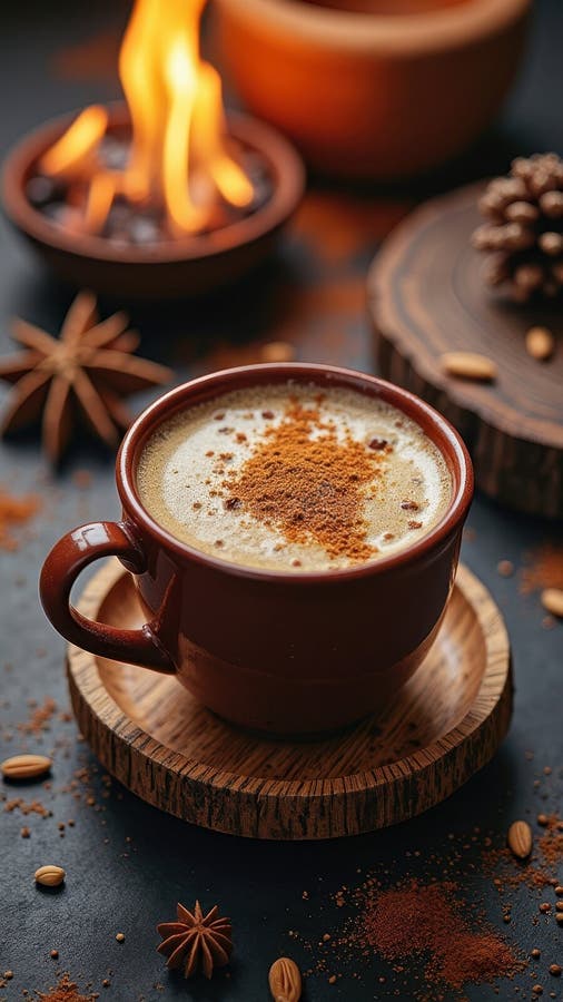 Cozy Autumn Coffee with Cinnamon Foam and Fire Warmth Stock Photo ...