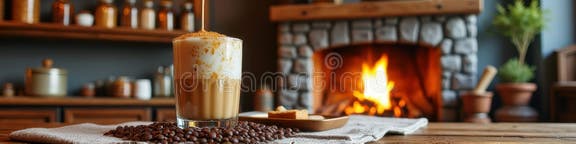 Cozy Autumn Coffee by Fireplace in Rustic Cabin Setting Stock Photo ...